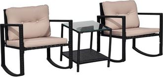 OUTSUNNY Ensemble de Jardin 3 pièces Style Cosy 2 fauteuils à Bascule avec Coussins Assise Dossier + Table Basse en Verre trempé Cadre en Acier résine tressée 