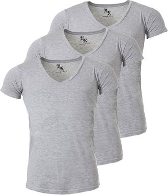 Young & Rich Herren Uni T-Shirt mit extra tiefem V-Ausschnitt Slimfit Stretch Dehnbare Passform einfarbiges Basic Shirt - 3er Pack, Gr&ouml;sse:3XL, Farbe:Grau