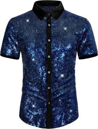 Generic Chemise disco vintage des ann&eacute;es 70 pour homme - Chemise boutonn&eacute;e &agrave; paillettes - Chemise &agrave; manches courtes - Coupe ajust&eacute;e - Chemise m&eacute;tallique r&eacute;tro