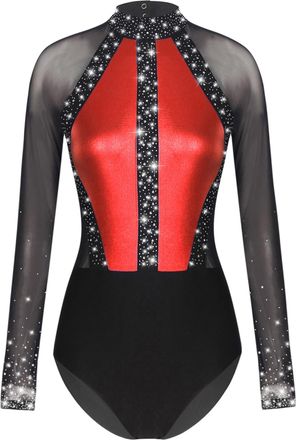 TiaoBug Damen Metallic Gymnastikanzug Langarm Turnanzug Mesh Spleiß Tanz-Body Ballett Trikot Eiskunstlauf Overall Jumpsuit Rot B S