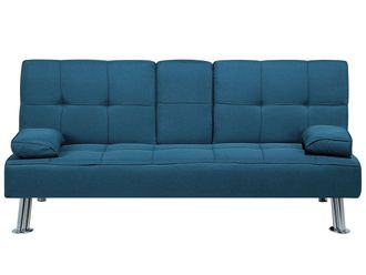 Beliani 3-Sitzer Schlafsofa Stoffbezug blau mit integriertem Tisch Klapparmlehne Roxen