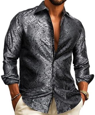 Barry.Wang Chemise en soie pour homme - Motif cachemire floral - Coupe droite - Pour fête de mariage - Robe formelle décontractée, noir/gris, M