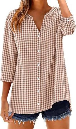 Generic Chemises boutonn&eacute;es en coton &agrave; manches 3/4 pour femmes, haut ray&eacute; vichy &agrave; carreaux et col en V, chemisier ample d&eacute;contract&eacute; d&eacute;t&eacute; &agrave; carreaux, marron, X