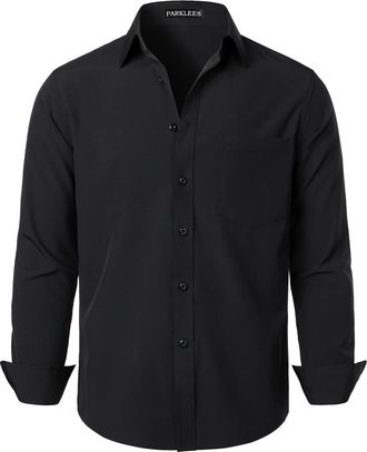 PARKLEES Herrenhemd, normale Passform, einfarbig, knitterfrei, lang&auml;rmelig, l&auml;ssige Gesch&auml;ftshemden mit Knopfleiste und Tasche, Schwarz, XXL