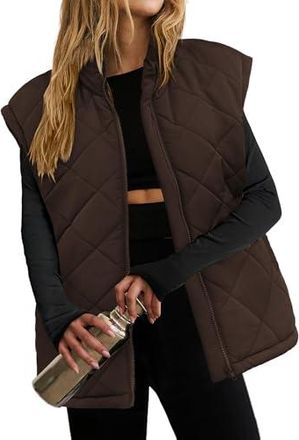 Zeagoo Gilet matelass&eacute; court sans manches pour femme - Automne - L&eacute;ger - Veste dhiver chaude - Col montant - Avec fermeture &eacute;clair - Tailles S &agrave; XXL, marron,
