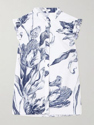 Erdem Bluse Aus Baumwollpopeline Mit Blumenprint Und R&uuml;schen - Elfenbein