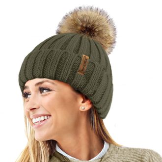 TOSKATOK Womens Winter-Rib Strickm&uuml;tze/Beanie mit abnehmbaren Chunky Faux Fur Bobble Pom Pom-Olive