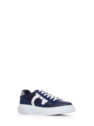 Ferragamo Mens Low-Top Sneakers With Gancini Blue Calf Leather Trainers
