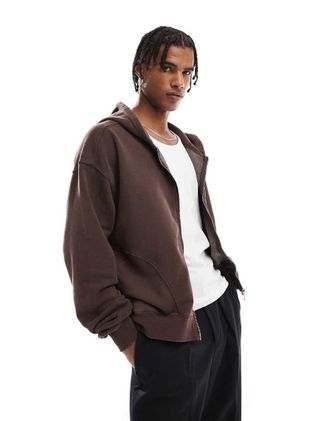 Cotton On Cropped-Kapuzenjacke in dunklem Eichenbraun mit Reißverschluss-Grau