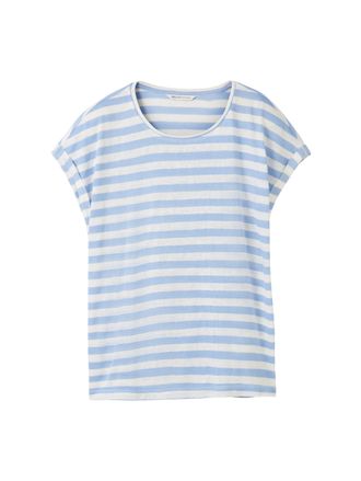 Tom Tailor Damen Basic T-Shirt mit Streifen, mid blue white stripe, XL
