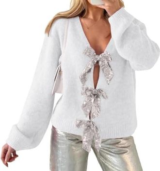 Generic Cardigan pour femme avec noeud &agrave; paillettes, manteau tricot&eacute; ouvert sur le devant, manches longues, col en V, m&eacute;lange de coton, blanc, XXL