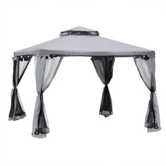 OUTSUNNY Pavillon de jardin tonnelle barnum style colonial double toit toiles moustiquaires amovibles zipp&eacute;es gris