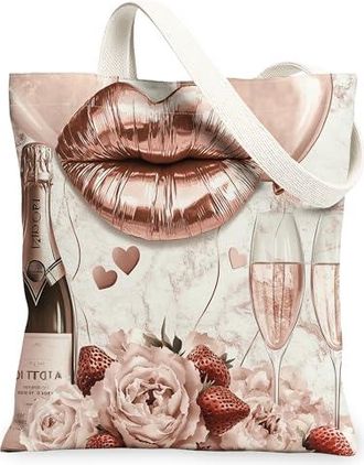 Generic Sac fourre-tout en toile r&eacute;utilisable pour la Saint-Valentin - Motif floral rose - 33 x 38 cm - Amusant romantique - Vin - Pour femme - Peinture esth&eacute;