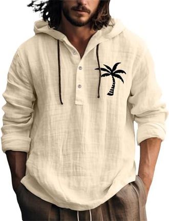 Generic Chemise en lin pour homme - Coton et lin - Sweat &agrave; capuche - Manches longues - Chemise d&eacute;t&eacute; &agrave; manches longues - Avec capuche - Boutonni&egrave;re - Couleur u