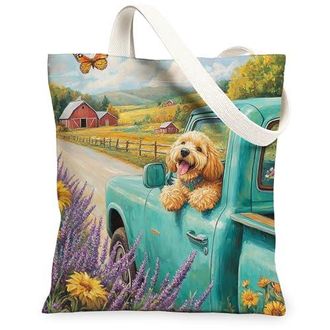 Generic Sac fourre-tout en toile motif chien griffonn&eacute; dor&eacute; printemps 33 x 38,1 cm, sac d&eacute;picerie r&eacute;utilisable pour femme, animal de compagnie, peinture cadea