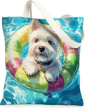 Generic Funny Westie Sac fourre-tout en toile r&eacute;utilisable pour faire du shopping 33 x 38,1 cm, sac d&eacute;picerie r&eacute;utilisable pour femme, peinture danimaux domes