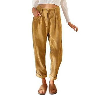 Generic Pantalon d&eacute;contract&eacute; en velours c&ocirc;tel&eacute; taille haute avec poches pour femme avec poches, kaki, XXL