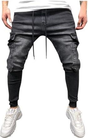 Generic Jean Homme Regular Pantalon Jeans Jean Homme Hip Hop Lav&eacute; avec Design Corset Sportif pour Un Look Urbain et Tendance