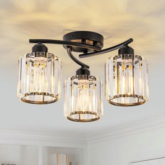 Wilon Deckenleuchte Kristall, 3 Flammig Deckenlampe mit Glas Lampenschirm, Mattschwarz Kristall Kronleuchter mit E27 Socket, Moderne Deckenleuchten für Wohn