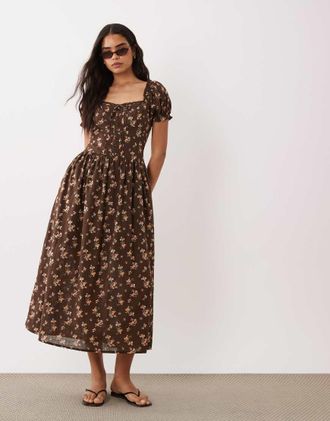 Cotton On Daisy - Robe longueur mollet - Ch&ecirc;ne fonc&eacute;-Marron