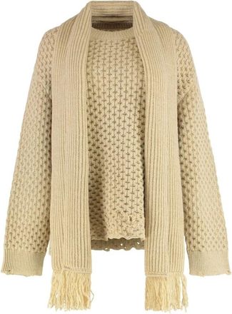 Maison Margiela Homme, Pulls, Beige, Taille: L Cardigan en maille textur&eacute;e avec franges