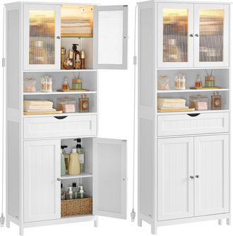 Vasagle Badezimmerschrank mit LED-Beleuchtung, Badschrank, Aufbewahrungsschrank mit verstellbaren Ablagen, Schublade, offenen Fächern, für Badezimmer, Wohnzim