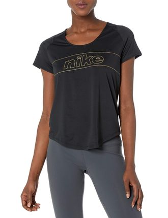 Nike Damen 10k Glam T-Shirt, Schwarz (Black/Metallic Gold), (Herstellergr&ouml;&szlig;e: X-Large)