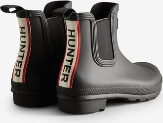 Hunter Original - Chelsea-Gummistiefel in Schwarz mit dreifarbigem Logo und kurzem Schaft-Rot