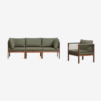 Sklum Gartenset mit 3-teiliger modularer Sofagarnitur mit Armlehne und Sessel aus Akazienholz Branson Tiefes Gr&uuml;n Olive Akazienbraun dunkel