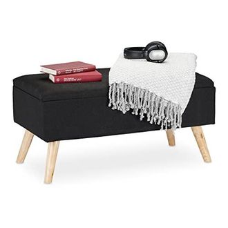 Relaxdays Banc de Rangement, rembourr&eacute;, Pieds en Bois, Coffre avec rev&ecirc;tement en Tissu 39,5 x 79,5 x 39 cm, Noir