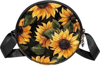 Generic Petit sac &agrave; bandouli&egrave;re rond pour femme, motif tournesol avec fermeture &eacute;clair, bretelles r&eacute;glables, style d&eacute;contract&eacute;, pour femmes et filles