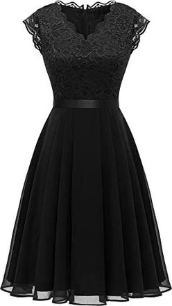 Dressystar Longue robe de bal pour femme, robe de soir&eacute;e &eacute;l&eacute;gante pour mariage, robe de cocktail avec dentelle, Court - Noir., M