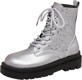 Generic Bottines Femme à Paillettes Tendances Lacets Bout Rond Bottes Courtes Semelle Plateforme Antidérapante Légères Style Britannique Boots Chaussures Femm