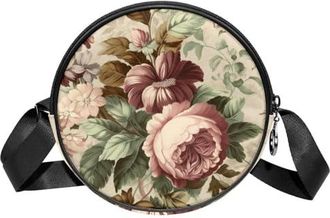 Generic Sac &agrave; bandouli&egrave;re rond pour femme, sac &agrave; bandouli&egrave;re classique vintage &agrave; motif floral avec fermeture &eacute;clair, bretelles r&eacute;glables, sac &agrave; main rond d&eacute;co