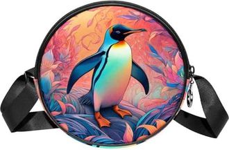 Generic Sac &agrave; bandouli&egrave;re rond pour femme, motif pingouin &agrave; dessin color&eacute;, petit sac &agrave; dos &agrave; bandouli&egrave;re avec fermeture &eacute;clair, bretelles r&eacute;glables, sac &agrave; mai