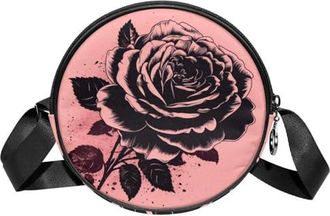 Generic Sac &agrave; bandouli&egrave;re Circle pour femme, petit sac &agrave; bandouli&egrave;re rose noire avec fermeture &eacute;clair, bretelles r&eacute;glables, sac &agrave; main rond d&eacute;contract&eacute; pour f