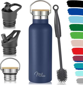 Milu Edelstahl Trinkflasche 350ml 500ml 750ml 1000ml (+3 Deckel) Thermosflasche mit Strohhalm, Isolierte Wasserflasche, Auslaufsichere Isolierflasche doppe