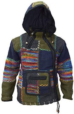 Gheri Little Kathmandu Hommes Laine Patchwork Kangaroo Poche Doublé Polaire Tricotés à la Main Hiver Veste Capuche, Multicolore - Single Zip Kangaroo, X-Lar