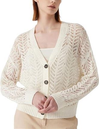 Generic Cardigan en lin pour femme avec col en V simple boutonnage - Manteaux solides d&eacute;contract&eacute;s &agrave; col en V - Pull boutonn&eacute;, Beige/blanc., Taille XS