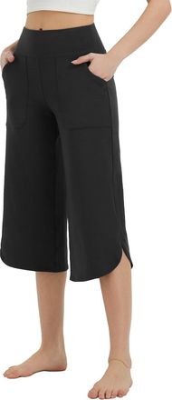 Baleaf Caprihose Damen Sommer Yogahose mit Taschen Weites Bein Stretch Sommerhose Casual Lounge Loose 3/4 Straighthose Schwarz XS