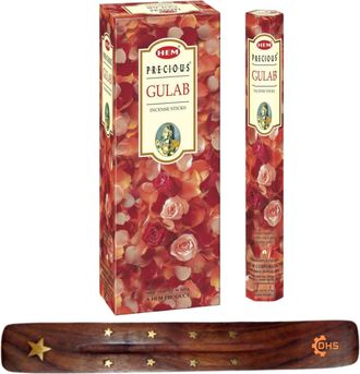 DHS HEM R&auml;ucherst&auml;bchen Precious Gulab, volle Box mit 6 St&uuml;ck mit DHS R&auml;ucherst&auml;bchenhalter f&uuml;r Yoga, Meditation, Heilung, Spiritualit&auml;t, Aromatherapie, W