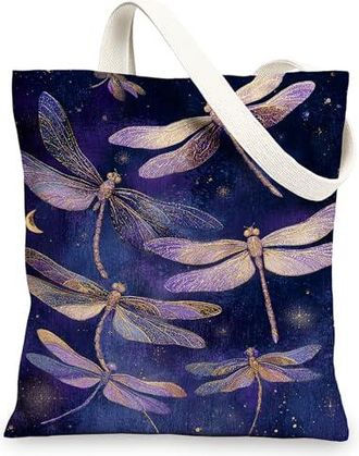 Generic Sacs fourre-tout en toile motif libellule, sacs dépicerie réutilisables, sacs dépicerie bohèmes, légers et lavables, sacs en toile avec bandoulière, v