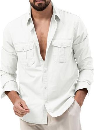 Generic Chemise de travail dautomne et dhiver pour homme, manches longues, revers de couleur unie, grande taille, 2026, blanc, XXL