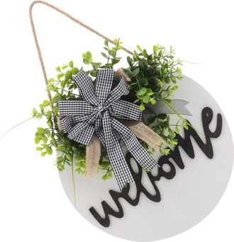 Soimiss Rustikales Blumenkranz Türschild aus Holz mit Grünen Pflanzen und Schleife Dekorativer Türhänger für Frühling Sommer Herbst Wetterfestes Wanddekor für