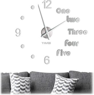 Relaxdays Wanduhr DIY, mit Zahlen & Worten, Uhr Wandtattoo zum Aufkleben, Gr&ouml;&szlig;e variabel, moderne 3D Wanduhr, silber, 1 St&uuml;ck