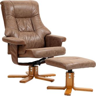 HOMCOM Fauteuil relax style contemporain - dossier inclinable, repose-pied - pi&egrave;tement bois peuplier verni tissu technique taupe clair