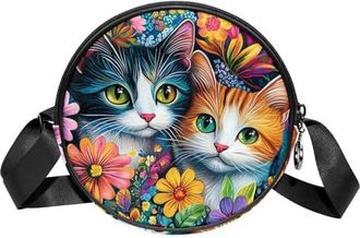 Generic Sac à bandoulière rond pour femme, motif chats colorés, fleurs, petit sac à bandoulière avec fermeture éclair, bretelles réglables, sac à main rond dé