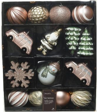 Kaemingk ETC 25-er Set dekorativer Figuren-Kugelmix PVC Weihnachtskugeln Baumschmuck bruchfest Christbaumschmuck (puderrosa/Champagner/weiß/lindgrün)