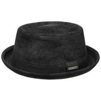 Stetson Pennsylvania Pigskin Leder Porkpie Hut Herren Gef&uuml;tterter Pork Pie Fedora Used-Look Robuster Herrenhut Sommer Winter schwarz XXL (62-63 cm)