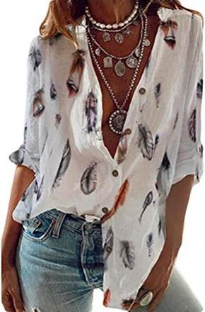 ORANDESIGNE Chemise Tunique Femme Longue Chic et Élégant Fluide Blouse Fleurie Haut Mode Chemisier Vintage Retro Tshirt Manche Longue Col V Tee Shirt Lâche Top A 